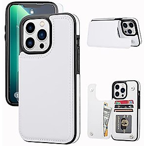 JOYAKI Wallet Case Compatible with iPhone 13 Pro Max,Slim Protective case with Card Holder,PU Leather Kickstand Card Slots Case with a Free Screen Protective Glass for iPhone 13 Promax(6.7")-White