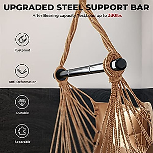 Giantex Hanging Chair Hammock Swing Chair - with Sturdy Steel Hanging Bar, Comfortable Headrest Pillow, 2 Cushions, Pocket Macrame Swing Chair for Bedroom, Living Room, Max 330 Lbs Swing Seat (Beige)