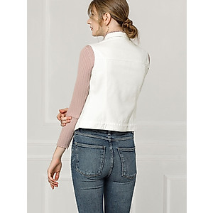 Allegra K Women's Buttoned Washed Denim Vest Jacket W Chest Flap Pockets Medium White