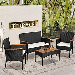SUNLEI Multi Pieces Outdoor Patio Furniture Sets Conversation Sets Rattan Chair Wicker Set,Glass Table,Outdoor Indoor Use Backyard Porch Garden Poolside (Black, 4 PCS-White/Wood Tabletop)…