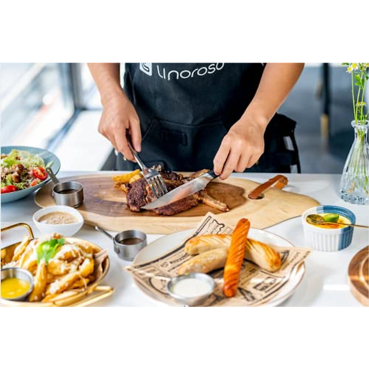 Linoroso Steak Knives, Semi Serrated Steak Knife Set of 4, Sharp Forged German Stainless Steel Steak Knives Set with Exquisite Beech Wood Block, Full Tang, Ergonomic Handle- MAKO Series