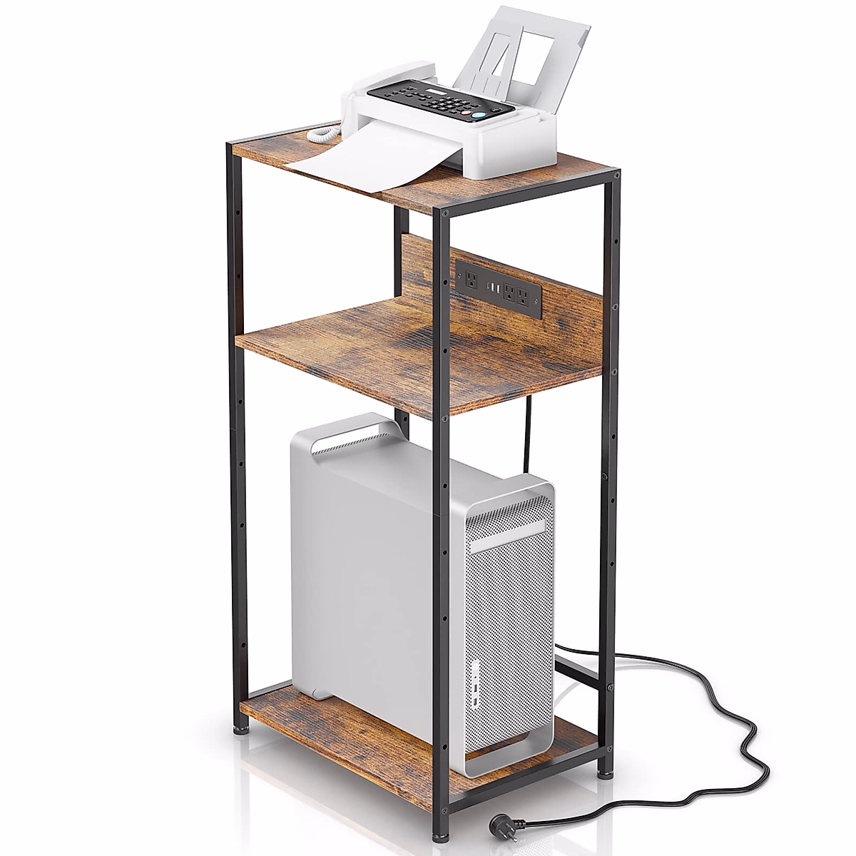 CCCEI Black Computer Tower and Printer Stand with Charging Station, 3 Outlets and Fast Charging USB Ports, 3 Tier Movable Storage Shelf, Tall PC Case or Scanner Table 39 Inches High for Small Office.