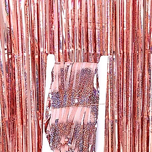 4 Pack Rose Gold Fringe Curtain -12.8x8.2 Feet, Slmeno Rose Gold Fringe Backdrop Thick Glitter Tinsel Foil Curtain, Rose Gold Backdrop Curtain Birthday Party, Rose Gold Party Decorations Bachelorette