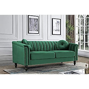 Container Direct 75'' Mid-Century Modern Velvet Sofa Chesterfield Inspired Luxury 3 Seater Couch for Living Room with Removable Cushions and Turned Wood Legs, Green