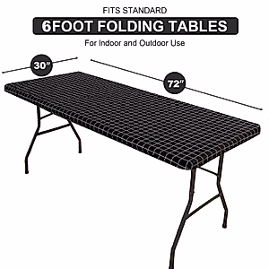 Spotjoy Rectangle Vinyl Table Cloth, Elastic Fitted Flannel Backed Plastic Table Covers for 6 Foot Folding Tables, Waterproof for Picnic, Camping, Indoor and Outdoor (Black, 30 x 72 inch)
