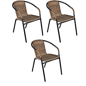 BTEXPERT Brown Indoor Outdoor 3-Set of Three Restaurant Rattan Stack Chairs, Set of 3
