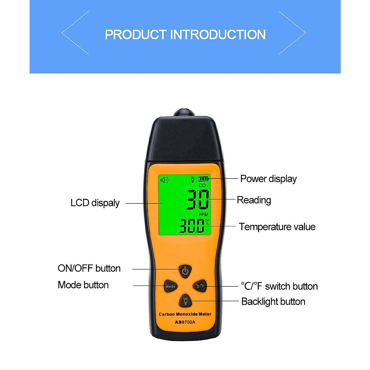 Cheffort Handheld Carbon Monoxide Meter, Portable Carbon Monoxide Detector, Professional-Grade CO Gas Tester with LCD Backlit Display, 0-1000PPM Range for Industrial and Home (Battery Not Included)