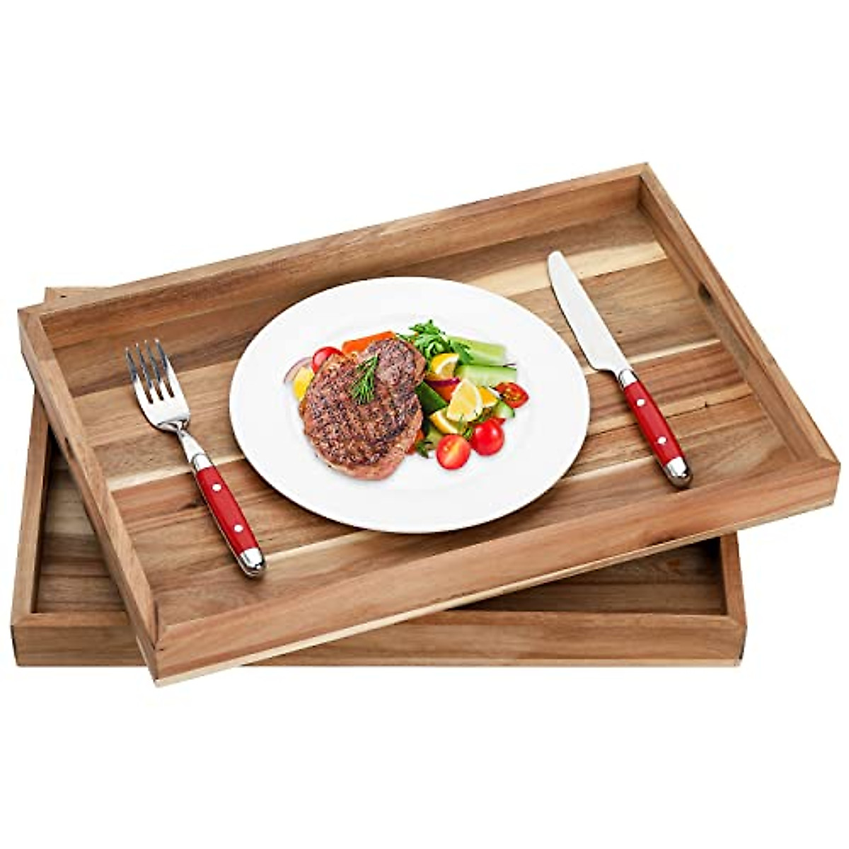 YOUEON Set of 2 Acacia Wood Serving Tray with Handles, 17x11.8x1.5 Inch Decorative Serving Trays, Ottoman Tray, Coffee Table Tray, Rectangle Wood Tray for Food, Breakfast, Lunch, Dinner, Appetizer