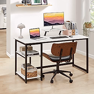 GreenForest Computer Home Office Desk with Monitor Stand and Reversible Storage Shelves,55 inch Modern Simple Writing Study PC Work Table,White