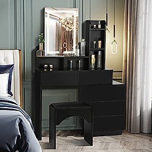 SMOOL Vanity Desk with Lighted Mirror - Makeup Vanity Table with 3 Color Lighting Modes Adjustable Brightness, Makeup Desk with Movable 3-Drawer Chest and Shelves, Vanity Set for Bedroom Studio, Black