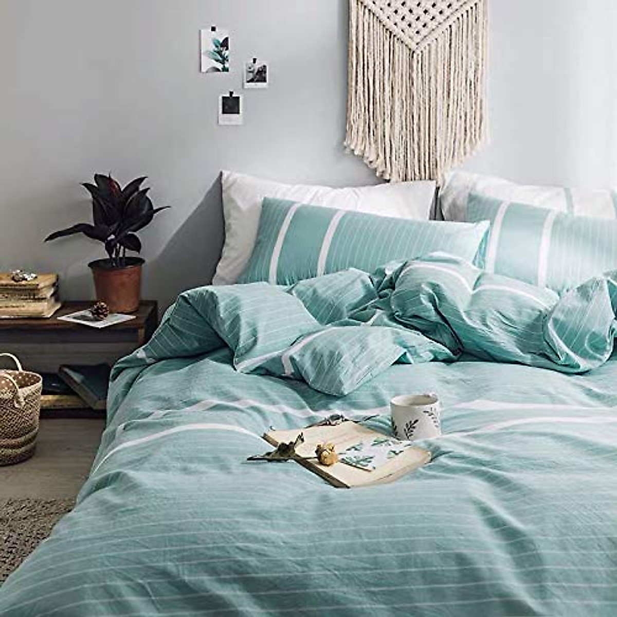 HYPREST Blue Striped Duvet Cover, 100% Cotton Duvet Cover Queen Soft Breathable Bedding Set