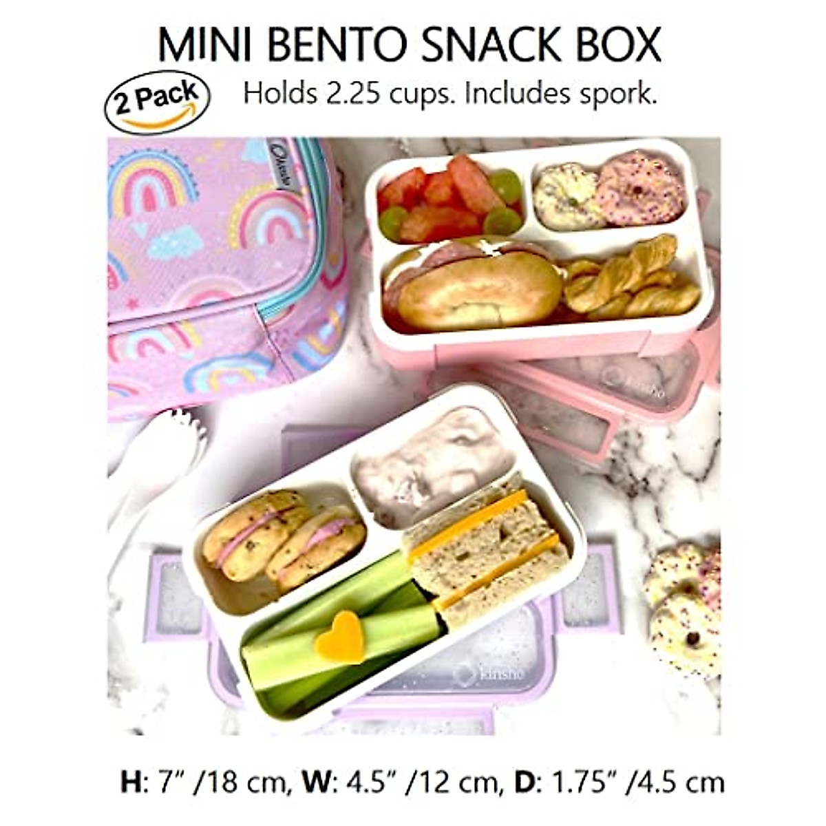 kinsho Kids Snack Container - Mini Bento Lunch-Box, Small Leakproof Container Boxes for Toddlers Girls Snacks Lunches, 3 Compartment - School Daycare Portion Containers, Pink Purple Glitter Set of 2