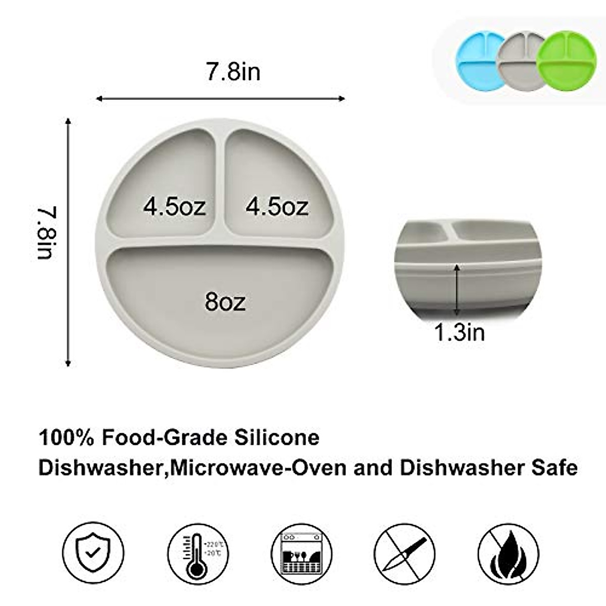 ANTUREBAY Suction Plates for Babies, 100% SiliconeToddler plates,Divided Baby Plates, Dishwasher & Microwave Friendly,Food Grade Silicone Kids Plates with Spoon Fork. (Blue,Green,Gray)