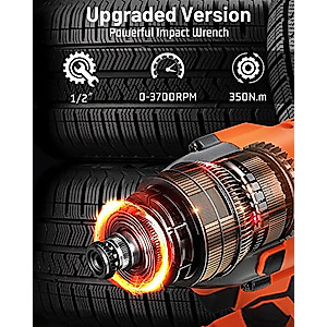 Heywork Power Cordless Impact Wrench,1/2" Impact Gun Max Torque 260Ft-lbs (350N.m) 3700RPM,21V Electric Impact Drill Driver Kit For Car/Home 2*4.0A Li-ion Battery and Fast Charger,6Pcs Sockets