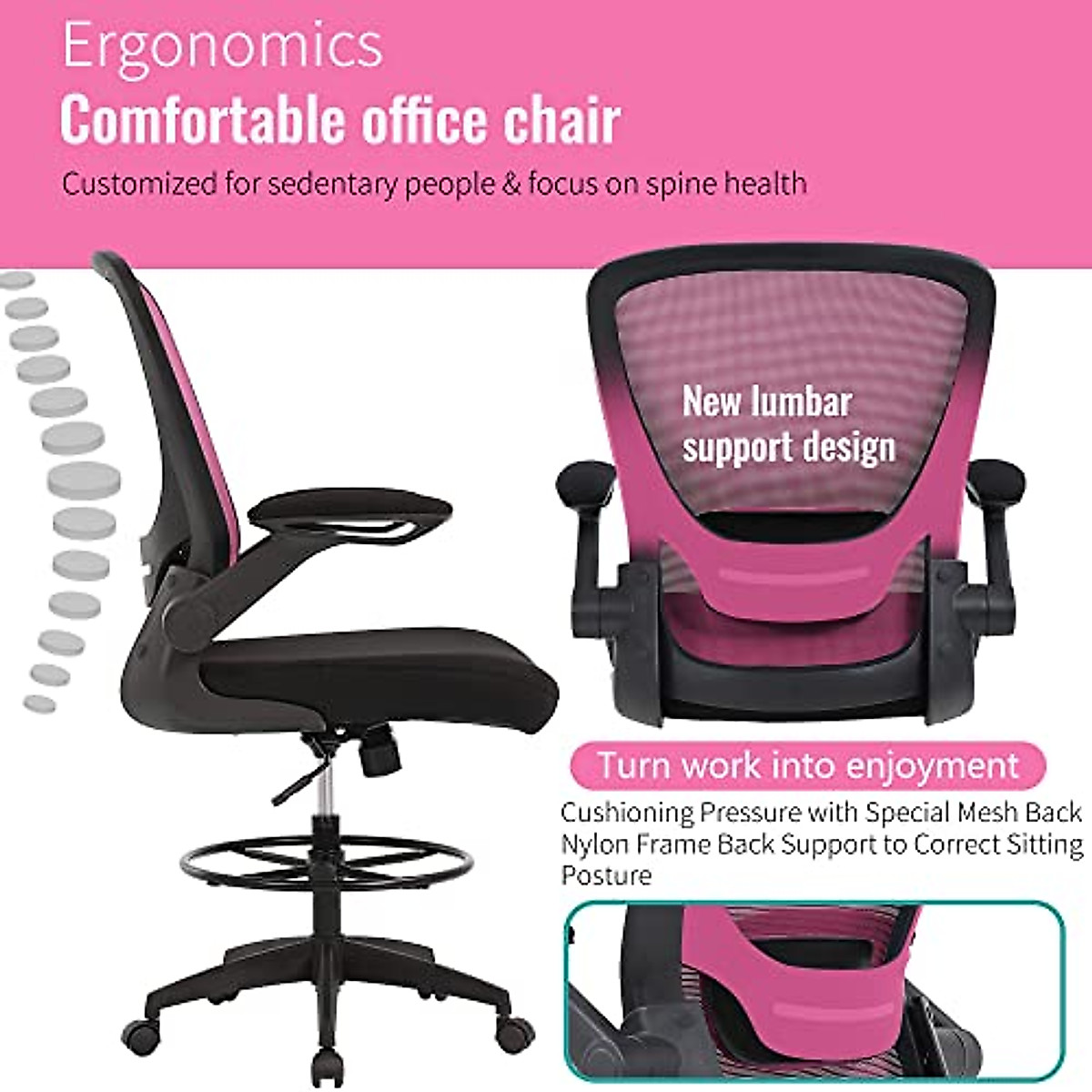 BestOffice Drafting Chair Tall Office Chair with Adjustable Foot Ring and Flip-Up Arms Computer Standing Desk Chair Executive Rolling Swivel Chair for Office & Home,Pink