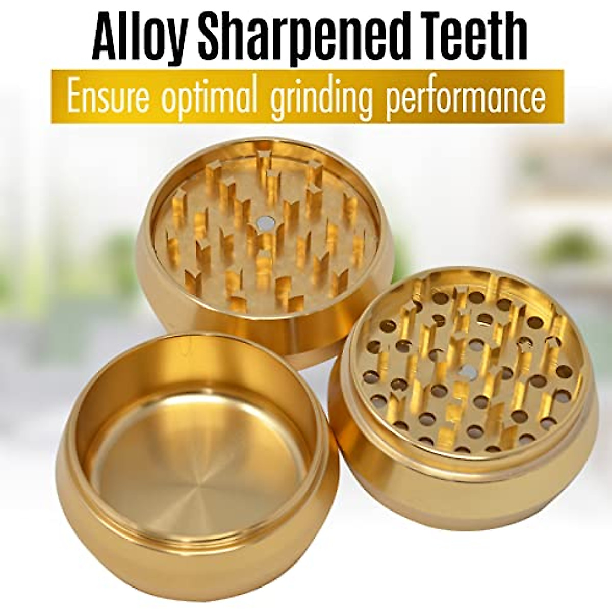Herb Grinder - Big Aluminum Spice Grinder Mill in Velvet Bag - 3-Piece Metal Grinder with Sharp Teeth, Magnetic Lid - Easy to Use Manual Herbal Grinder - Decorative Dry Herb Grinders – Gold