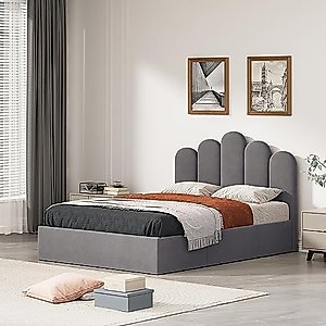 QNZK Full Size Lift Up Storage Bed, Velvet Headboard Upholstered Platform Bed Frame with Hydraulic Storage System & Wooden Slats Support, No Box Spring Needed, Under Bed Storage, Grey
