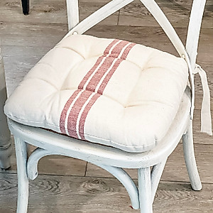 Piper Classics Market Place Red Grain Sack Stripe Chair Pad, 16" x 16", Farmhouse Décor Seat Cushion, Cream & Red