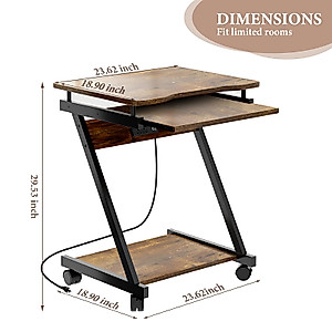 ZERDER Small Computer Desks with Power Outlet, Z-Shaped Home Office Desks for Small Space, Compact Study Desk with Keyboard Tray and Casters, Computer Workstation for Home and Office, Brown