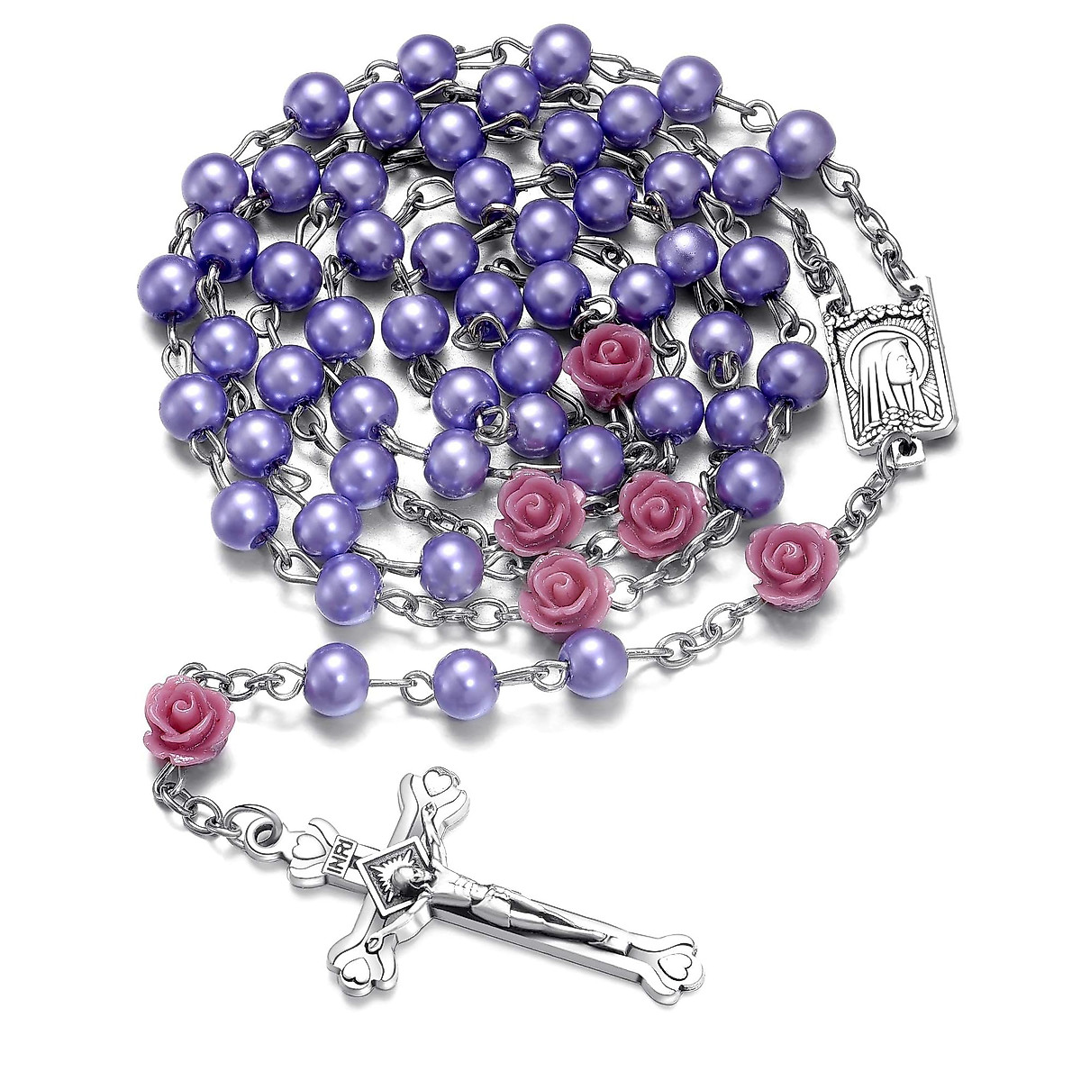 Pearl Rose Beads Rosary Catholic Necklace Holy Soil Medal Cross Crucifix-6 Packs