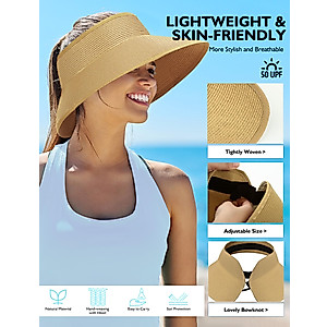 Straw Sun Visor Hats for Women, Pakcable Roll-Up Wide Brim Ponytail Summer Beach Hat, Straw Hats for Women UV Protection, Beach Hats for Women for Girls Holiday Summer Vacation Travel (Dark Coffee)