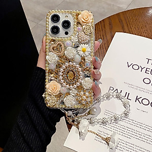 iFiLOVE for iPhone 14 Pro Max Bling Diamond Case with Flower Strap, 3D Luxury Sparkle Glitter Crystal Rhinestone Pearl Love Rose Wristband Bracelet Case Cover for Girls Women Kids (Champagne)