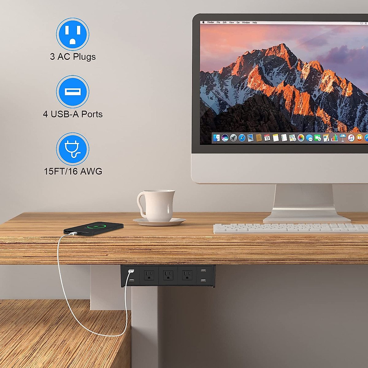 Under Desk Power Strip Mountable,Screw Mount Power Outlet with 3 AC Outlets,4 USB-A Ports,15FT Extension Cord,Desk Clamp Power Strip