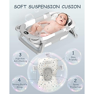 ieBabay Foldable Baby Bathtub Collapsible Bath tub for Newborn to Toddler with Soft Bath Cusion,Portable Travel Bathtub with Drain Hole,Easy to Store（Grey)