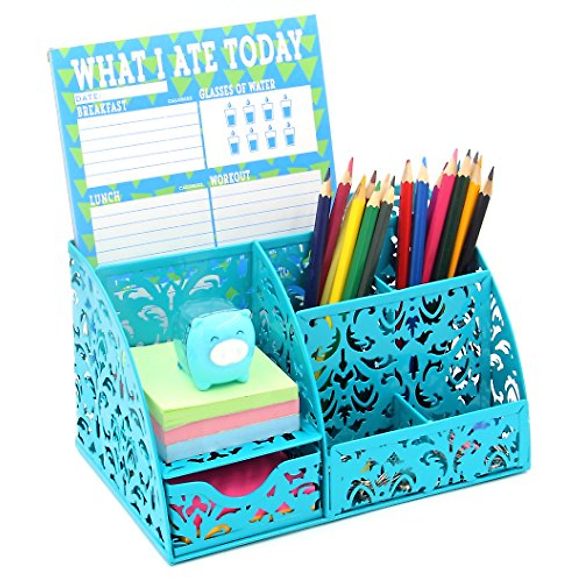 EasyPAG Desk Organizer Caddy with 6 Compartments and 1 Sliding Drawer Desktop Accessories Office Supplies Holder for Home School Classroom,Dark Teal