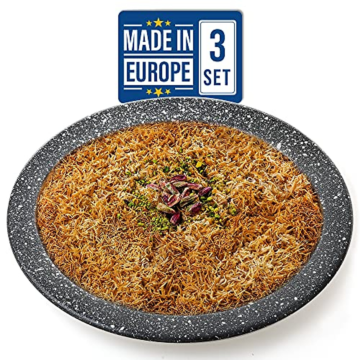 Kunefe Plate, Cooking and Serving Plates for Traditional Turkish Kunafa, Kadaifi, Kunafeh and Shredded Phyllo Kadayif Dough, Non-Stick Granite Dinnerware Tray, Dessert Plate Set of 3 (Small)