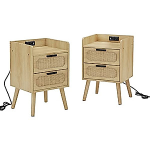 Duitrc Nightstand, End Table, Side Table with Charging Station & 2 Hand Made Rattan Decorated Drawers, Nightstands Set of 2, Wood Accent Table with Solid Wood Feet, with Open Storage, Natural, 2 Pack
