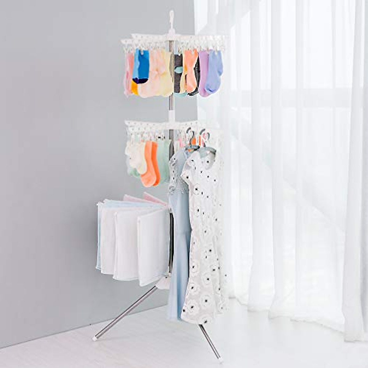 Hershii 3 Tiers Collapsible Clothes Drying Rack Folding Tripod Laundry Garment Storage Hanger Organizer Indoor Outdoor Space Saver with 48 Clips & 16 Towels Bars - Ivory