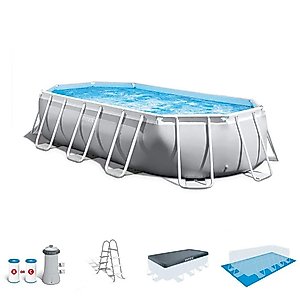 Intex Powder Coated Steel Tubing Outdoor Rectangular Frame Above Ground Pool Set with Ladder, Ground Cloth, and Filter Cartridges (6 Pack)