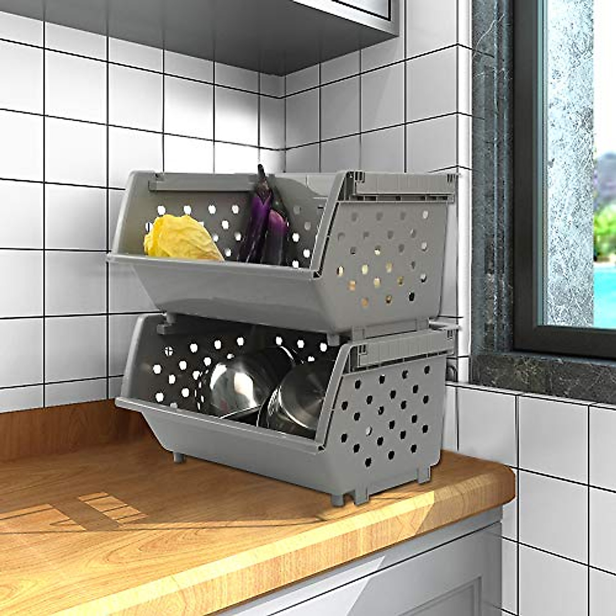 Callyne Gray Plastic Stacking Organizer Basket, Stackable Storage Basket, Set of 3