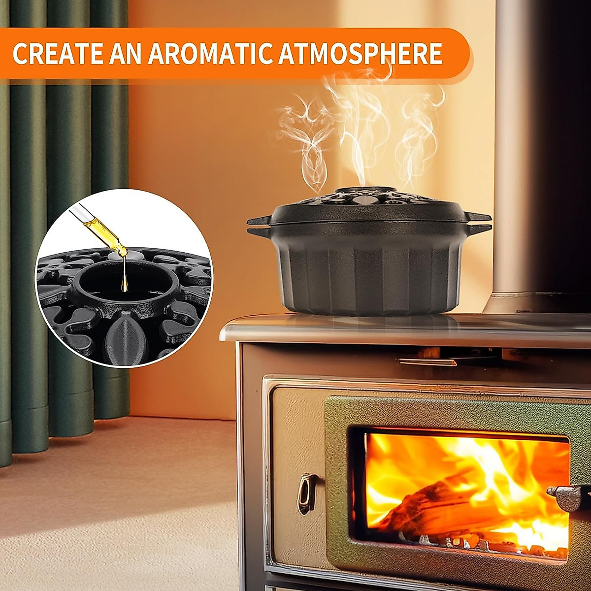 STBoo Wood Stove Steamer: Cast Iron Fireplace Humidifier | Indoor Pot for Home Heating | Round Bowl Fire Place Stove Covers Accessories Decorative | Matte Finish & Rust Resistan & 2.7 Quart, Red