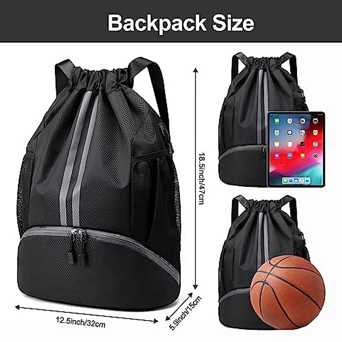 Hoedia Sports Drawstring Backpack - String Swim Gym Bag with Shoes Compartment and Wet Proof Pocket for Women&Men