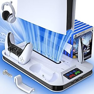 Cooling Station with Dual Controller Charging Station for PS5, Upgraded Accessories Vertical for PS5 Stand, 3-Levels Cooling Fan, 3 USB Hub and Headset Holder for Playstation 5 Disc/Digital Edition