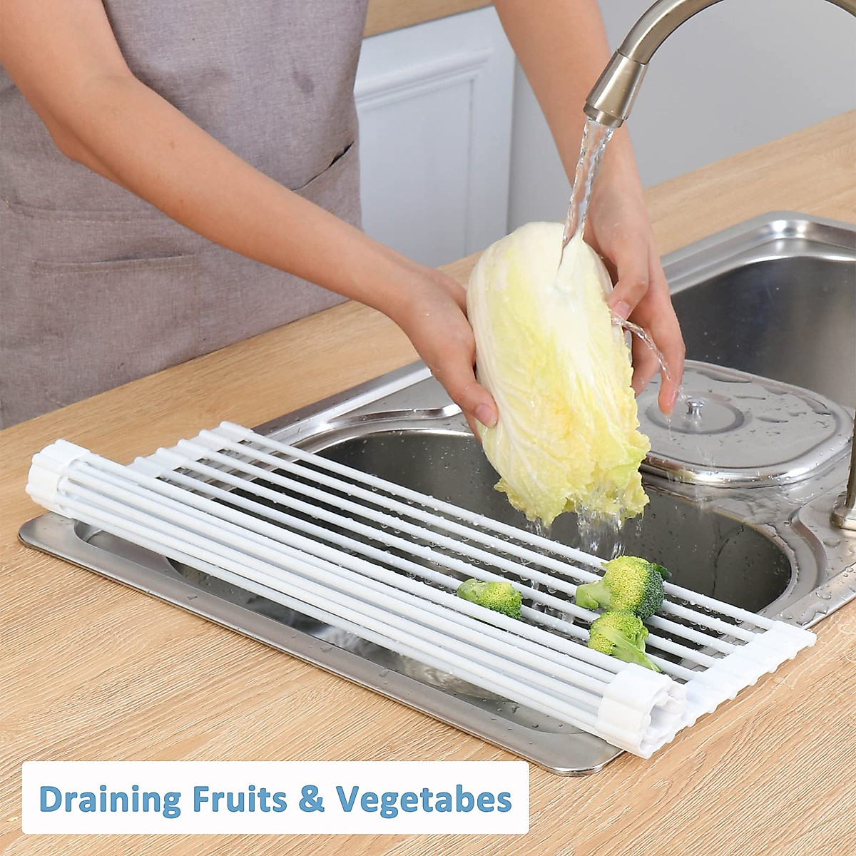 ZOIMINU White Roll Up Dish Rack, Over Sink Dish Drying Rack, Heat-Resistant Anti-Slip Stainless Steel Dish Drainer with Silicone-Coated for Cups Fruits Vegetables - 20.5" x 13.1"