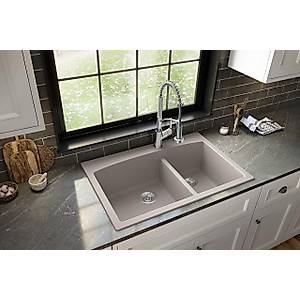 Karran QT-711 Drop-In Quartz Composite 33 in. 1-Hole 60/40 Double Bowl Kitchen Sink Kit in Concrete