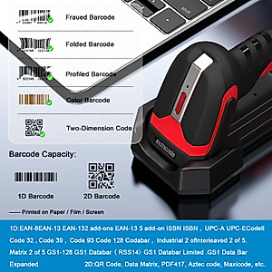 Symcode 2D QR Industrial Barcode Scanner with Wireless Charging Stand, Rugged Heavy Duty 2000 Feet Transmission Distance 433Mhz 2-in-1 Bluetooth & Wireless Hands-Free Barcode Reader for Laptop Tablet
