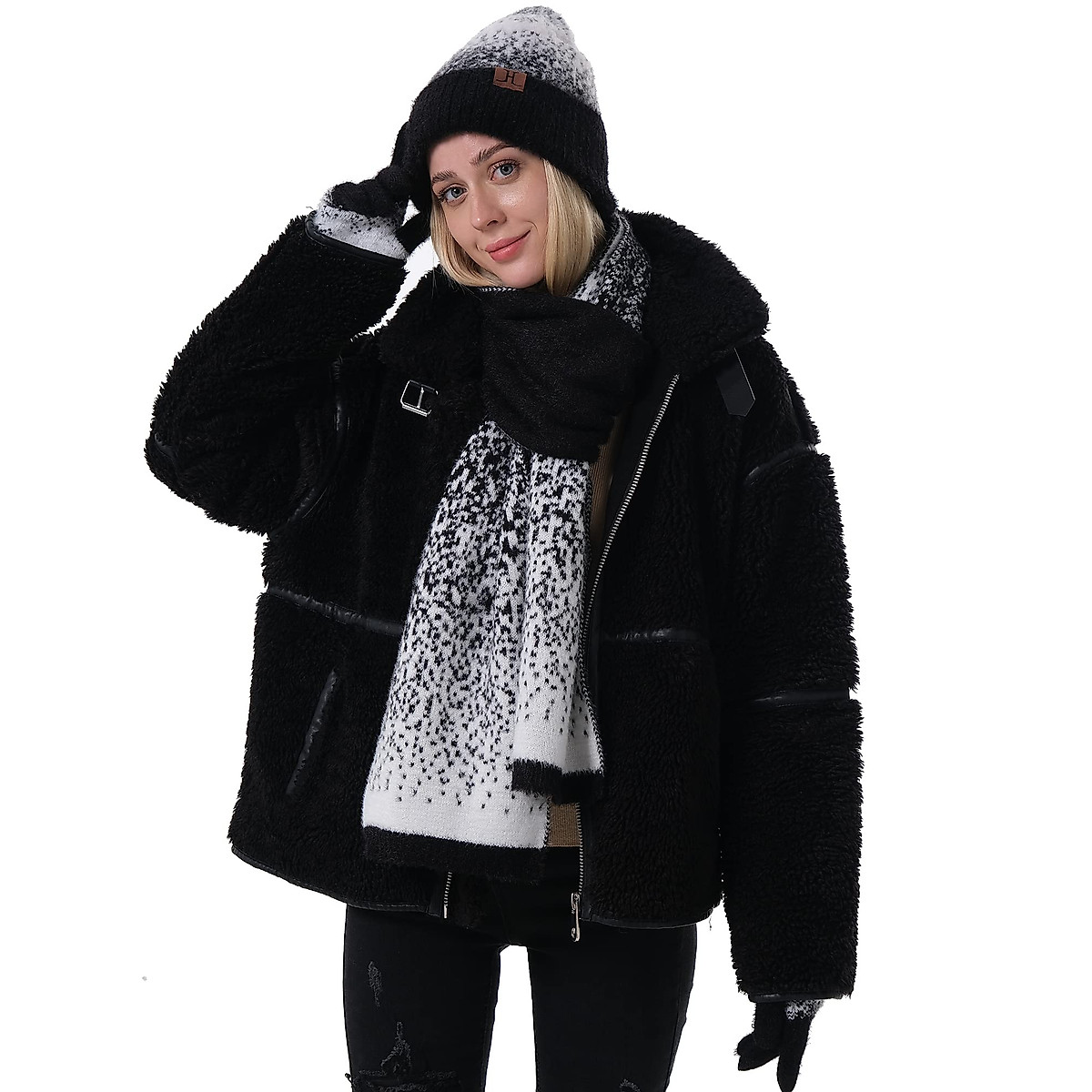 Womens Winter Knit Beanie Hats and Touchscreen Gloves Long Scarf Set with Warm Fleece Lined Skull Caps Gloves Scarves for Women