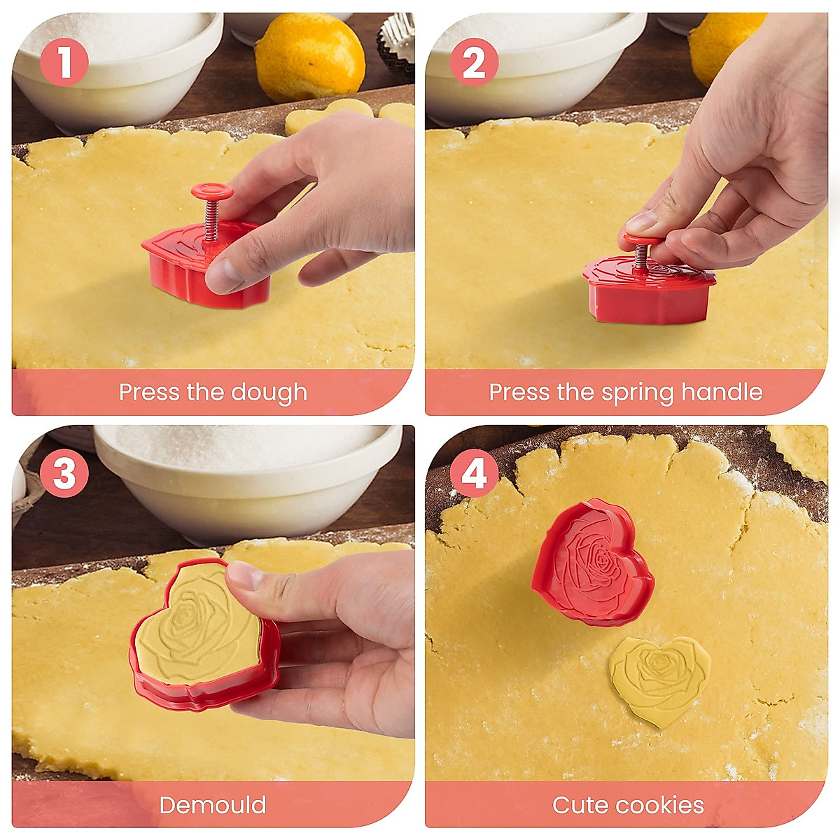 FVVMEED 4 Pieces Valentine's Day Love Couple Rose Diamond Biscuit Cutters Cookie Stamps Plunger Cutter Fondant Molds Embossing Spring Mold Press Cupcake Gum Paste Sugar Craft Decorating Baking Tool