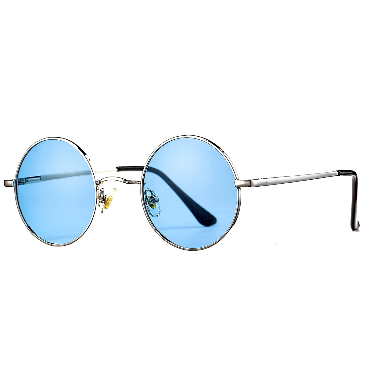 PORADAY Circle Lennon Glasses Retro Round Polarized Sunglasses Hippie Style Small Circle Sun Glasses (Silver/Clear Blue)