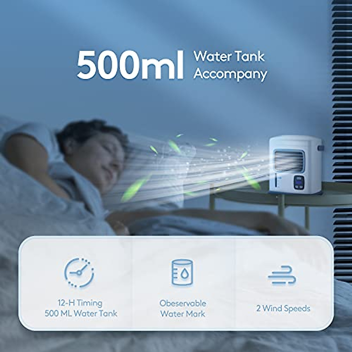 Portable Air Conditioner Fan for Small Room - 3 in 1 Personal Mini Desktop AC Evaporative Air Cooler Fan w/ 12H Timer, Adjustable Wind Direction, 500ML Large Water Tank, 2 Speeds, for Office Home