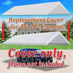 Strong Camel 10 x 20 Carport Canopy Replacement Cover Valance Canopy Replacements Top with Ball Bungees White (Only Cover, Frame is not Included)