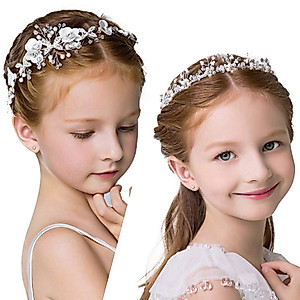 WILLBOND 2 Pieces Wedding Flower Crown Princess Wedding Headpiece Baptism Gift First Communion Headpiece for Girls Communion Veil Crystal Tiara for Girls Wedding and Flower Girls