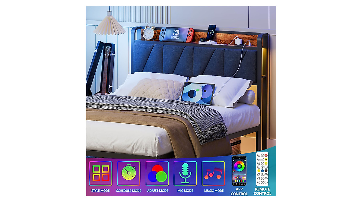Furnulem Full LED Headboard: Storage, Outlets & USB Ports