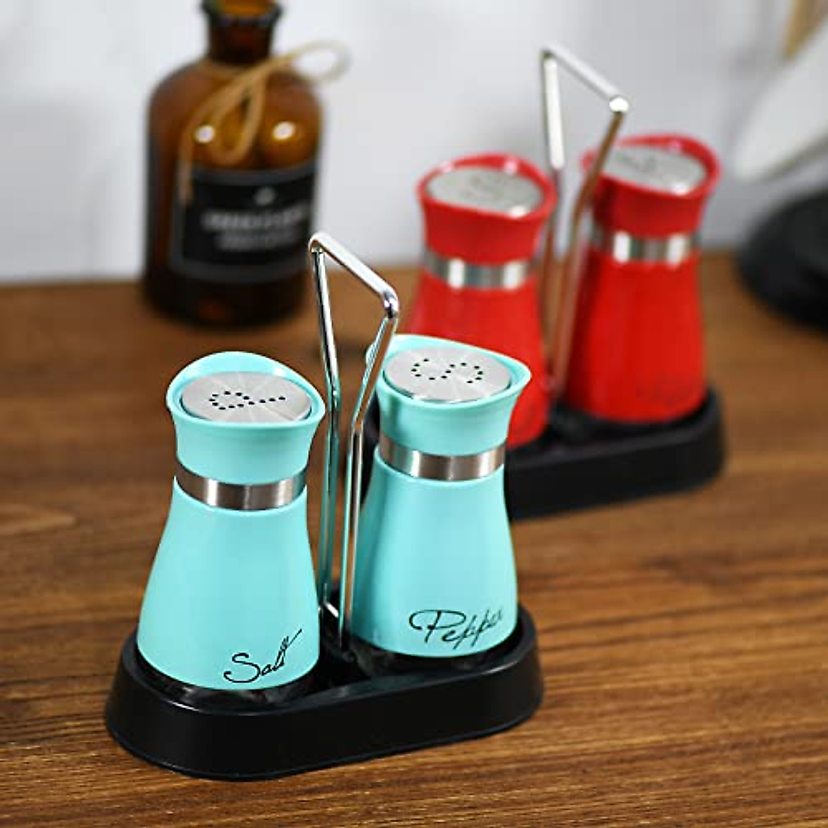 2 PCS - Stainless Steel and Glass Salt and Pepper Shaker Sets with Holder (BLUE)