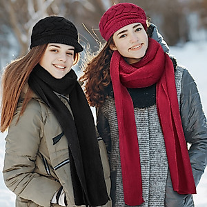 6 Pcs Winter Hat Gloves Scarf Set for Women Warm Knitted Beanie Hat Mittens Scarves Slouchy Visor Hats Scarf Gloves (Black, Date Red)