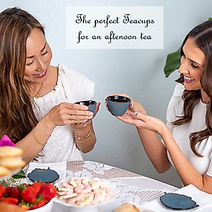 KIYOSHI Luxury 4pc Japanese Tea Cups Set. Black and Silver Cast Iron Tea Cup Set, 2 Tea Cups and Saucers. 4oz Teacup Set For Any Japanese Tea Set or Teapot.